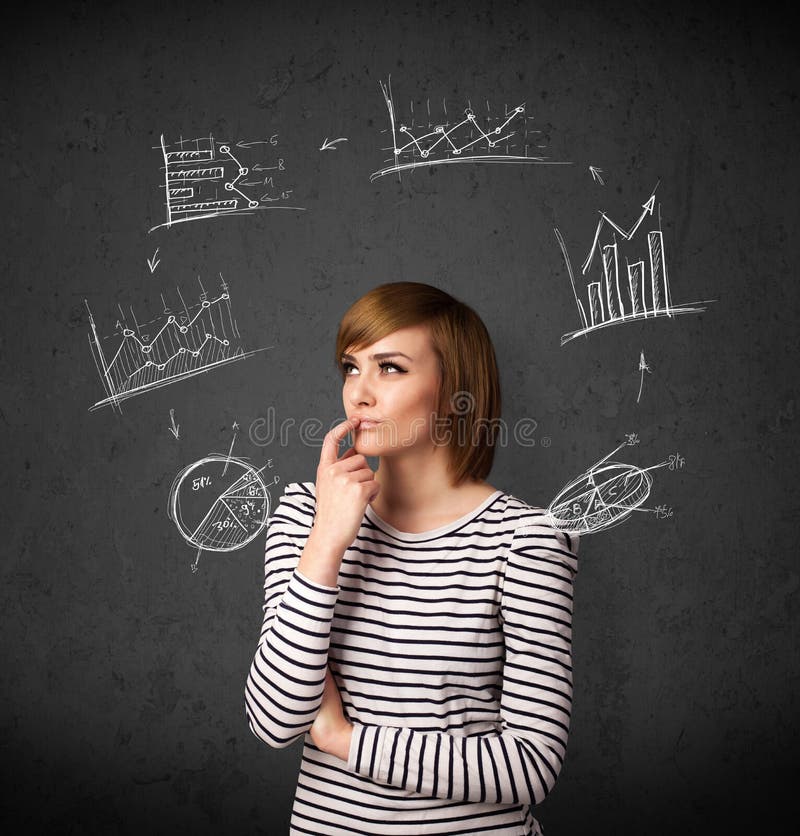 Young Woman Thinking with Charts Circulation Around Her Head Stock ...