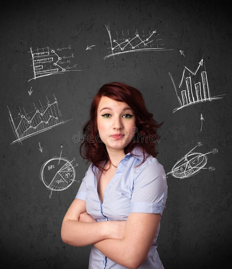Young Woman Thinking with Charts Circulation Around Her Head Stock ...