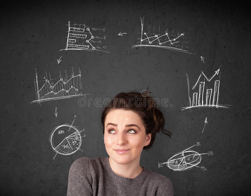 Young Woman Thinking with Charts Circulation Around Her Head Stock ...