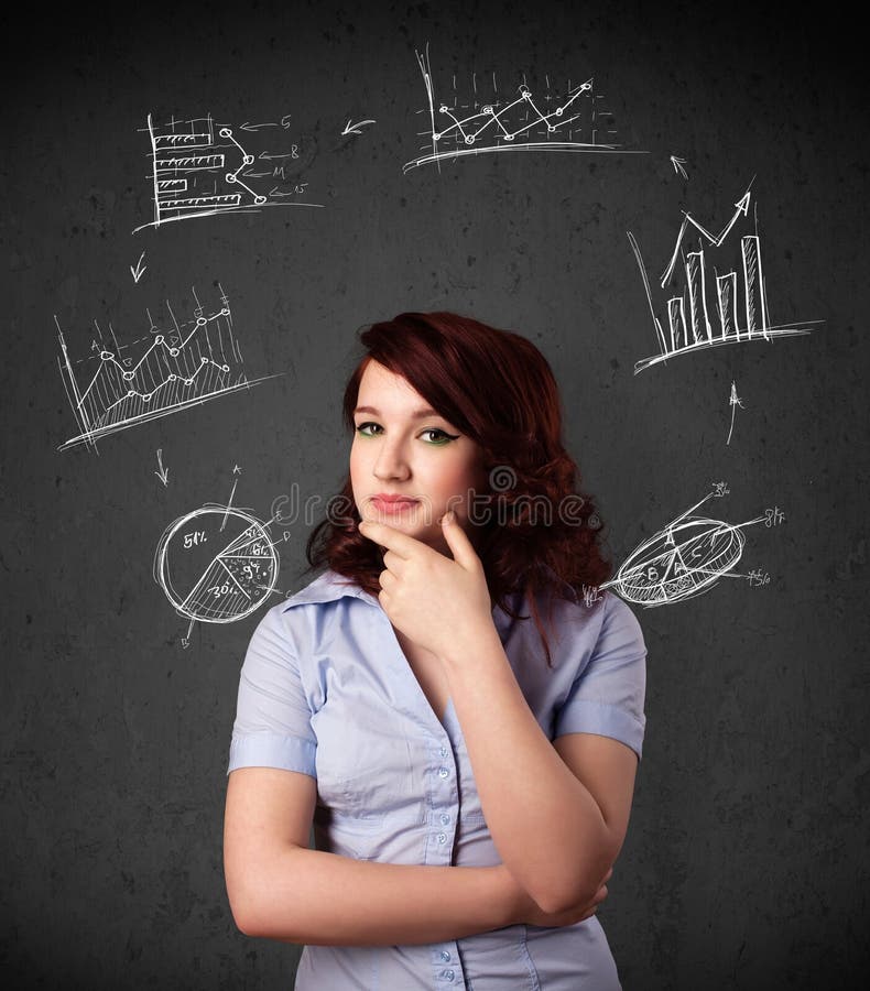 Young Woman Thinking With Charts Circulation Around Her Head Stock ...