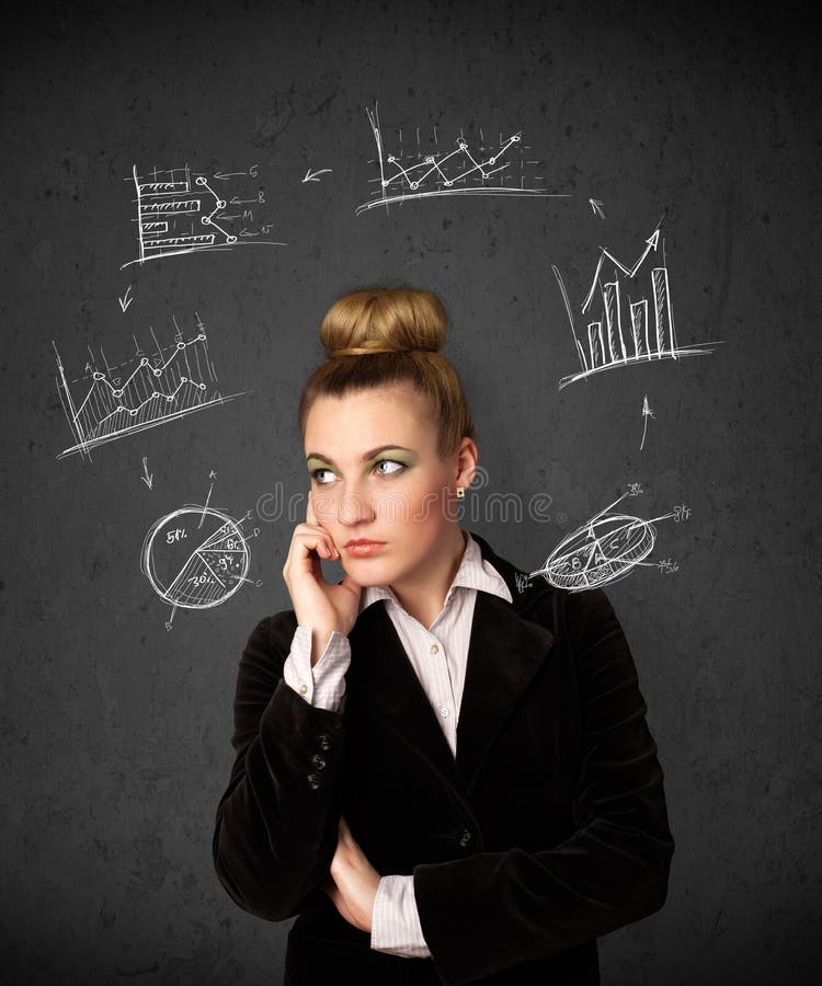 Young Woman Thinking with Charts Circulation Around Her Head Stock ...