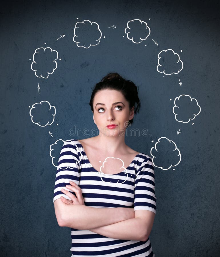 Young Woman Thinking with Cloud Circulation Around Her Head Stock Photo ...