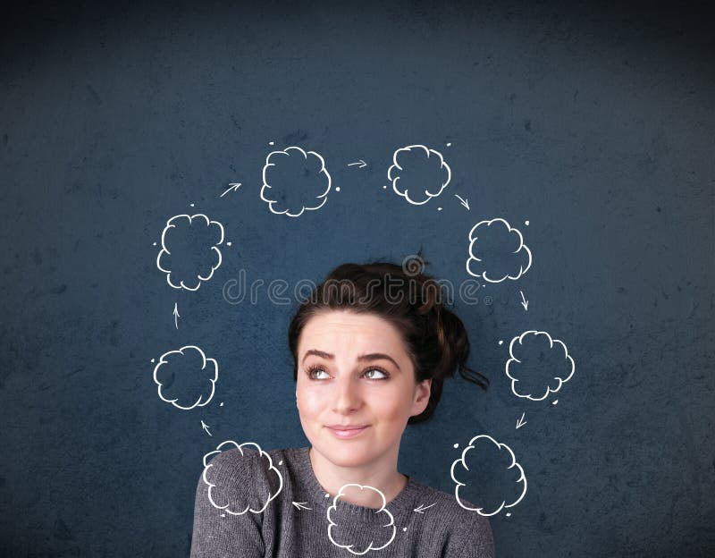 Young Woman Thinking with Cloud Circulation Around Her Head Stock Photo ...