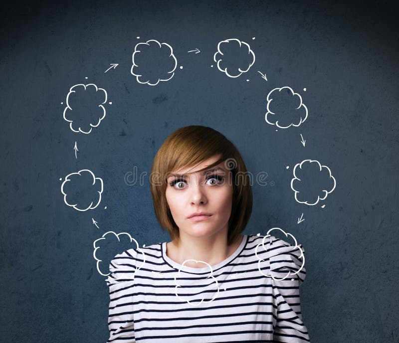 Young Woman Thinking with Cloud Circulation Around Her Head Stock Photo ...