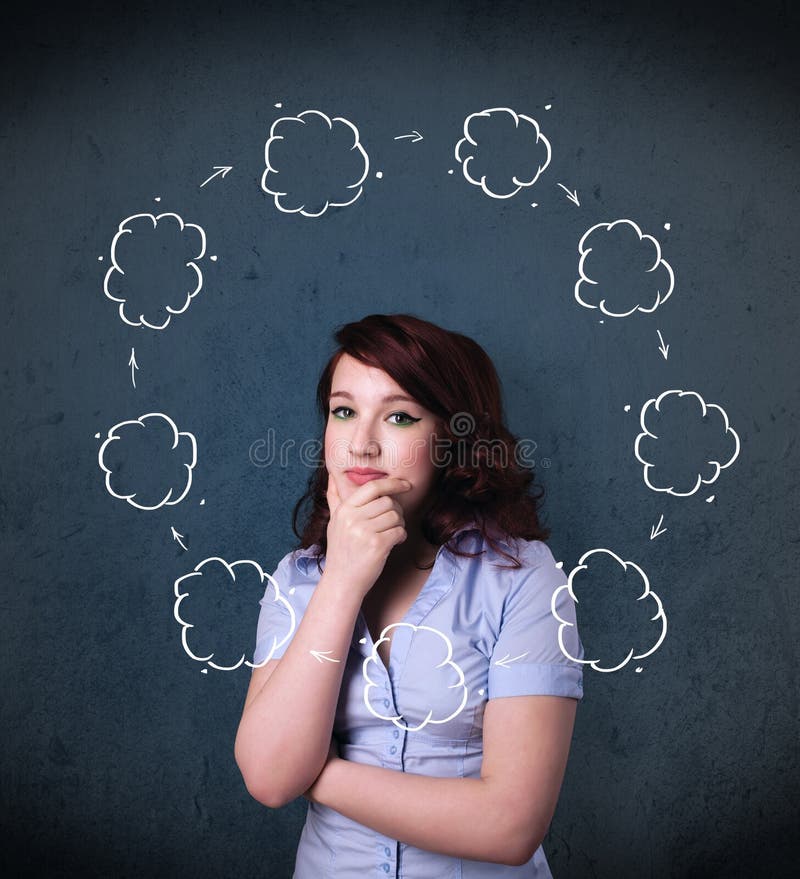 Young Woman Thinking with Cloud Circulation Around Her Head Stock Image ...