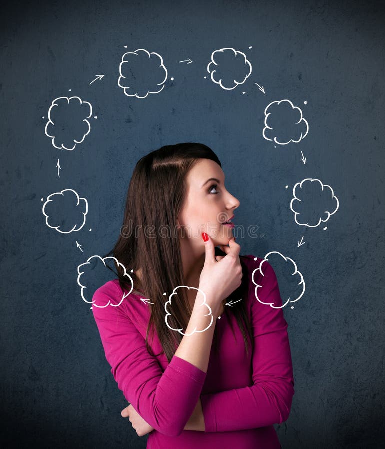 Young Woman Thinking with Cloud Circulation Around Her Head Stock Photo ...