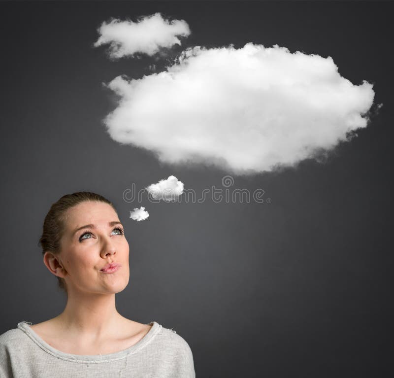 Young Woman Thinking with Cloud Stock Photo - Image of beautiful ...