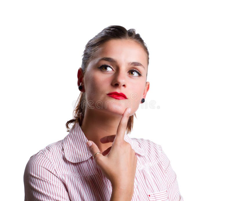 A Young Woman Thinking Hard Whilst Studying Stock Photo - Image of ...