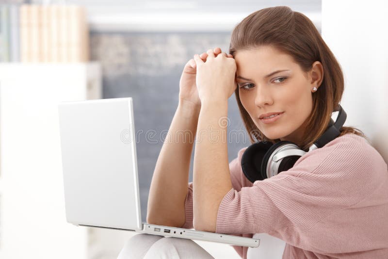 Young Woman Thinking, Having Laptop Stock Photo - Image of leisure ...