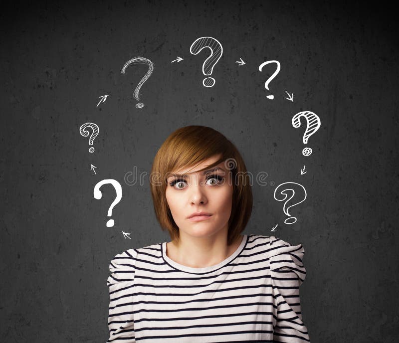Young Woman Thinking with Question Mark Circulation Around Her H Stock ...