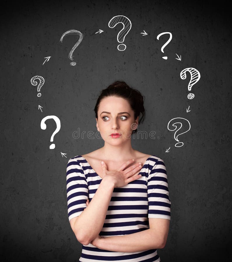 Young Woman Thinking with Question Mark Circulation Around Her H Stock ...