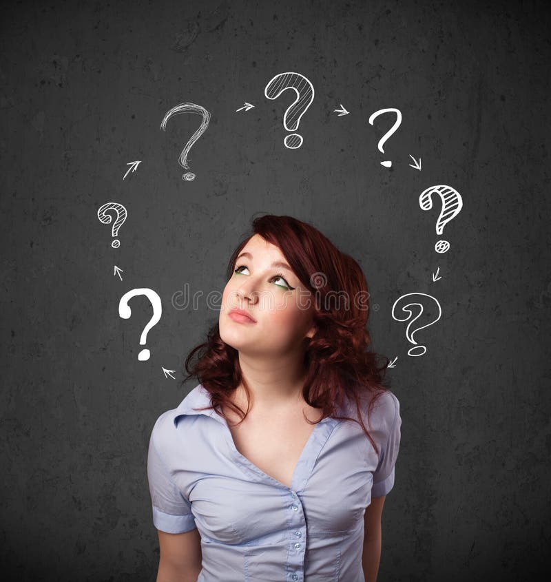 Young Woman Thinking with Question Mark Circulation Around Her H Stock ...