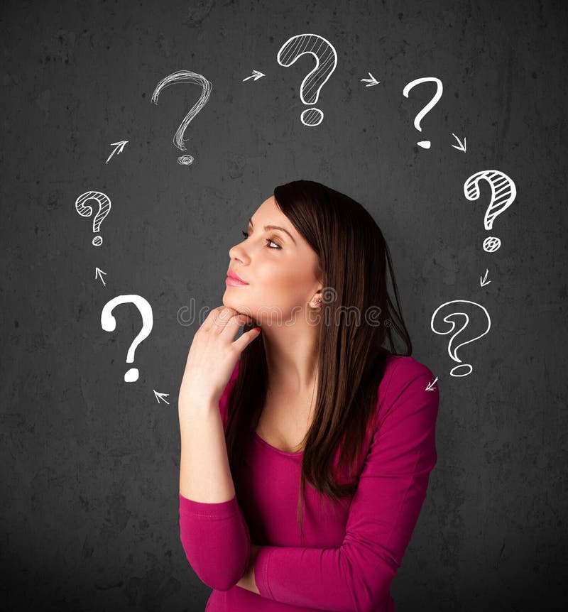 Young Woman Thinking with Question Mark Circulation Around Her H Stock ...