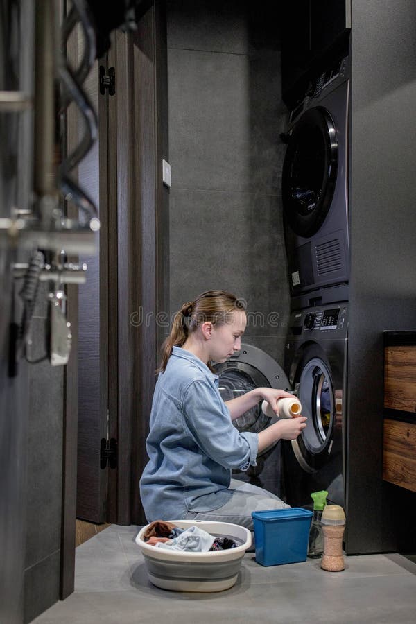 Young Woman Throws Conditioner Granules Washing Machine Stock Photos ...