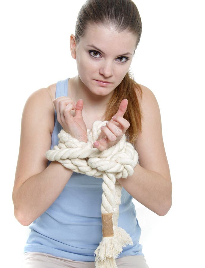 Young Woman with Tied Up Hands Stock Photo - Image of blocked, freedom ...