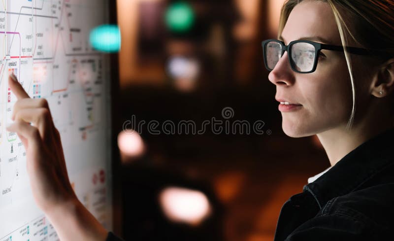 Young Woman Touching with Finger Sensitive Screen while Selecting ...