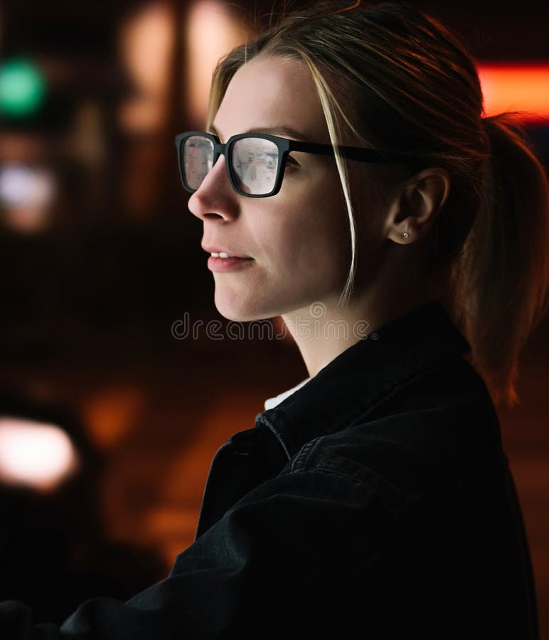 Young Woman Touching with Finger Sensitive Screen while Selecting ...