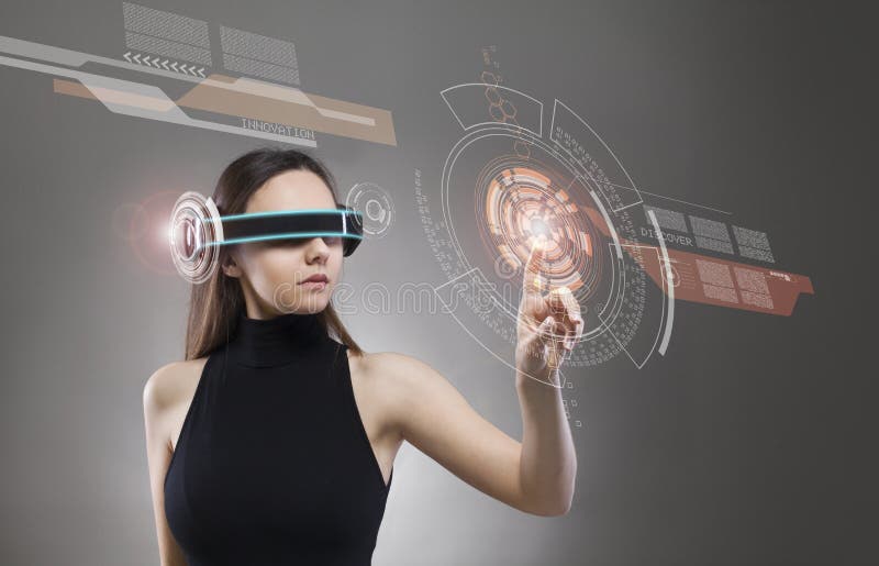 Woman Touching the Virtual Future Interface Stock Photo - Image of ...