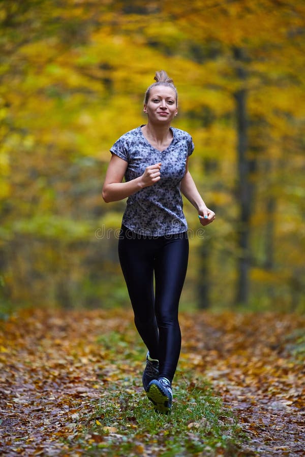 Young Woman Trail Running in the Forest Stock Image - Image of adult ...