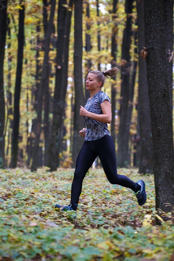 Young Woman Trail Running in the Forest Stock Image - Image of athletic ...