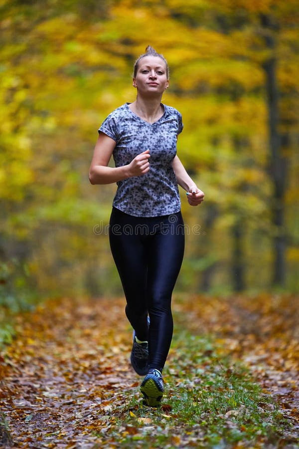 Young Woman Trail Running in the Forest Stock Photo - Image of health ...