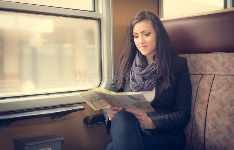 Young woman in train stock photo. Image of face, girl - 88553428