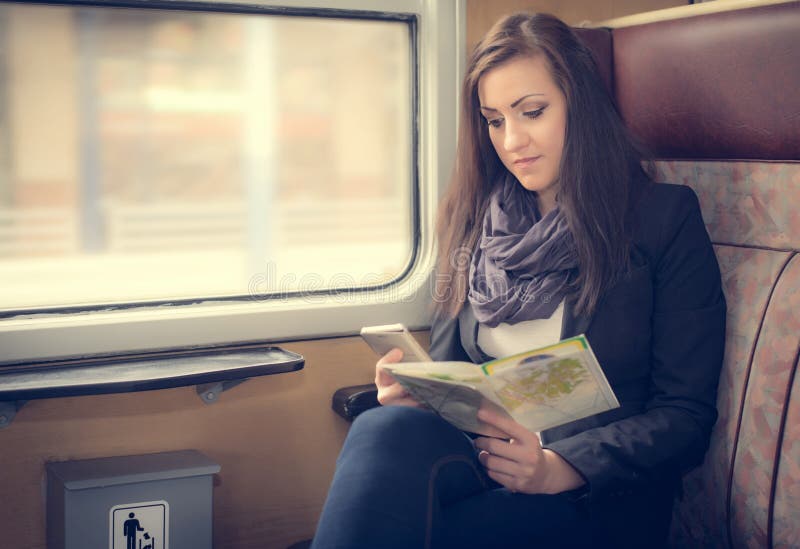 Young woman in train stock photo. Image of lady, fashionable - 88681452