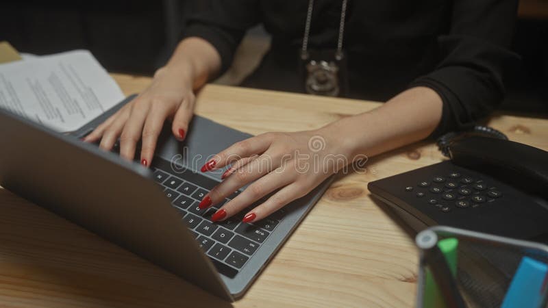 A Young Woman Typing on a Laptop in an Office Setting with Documents ...
