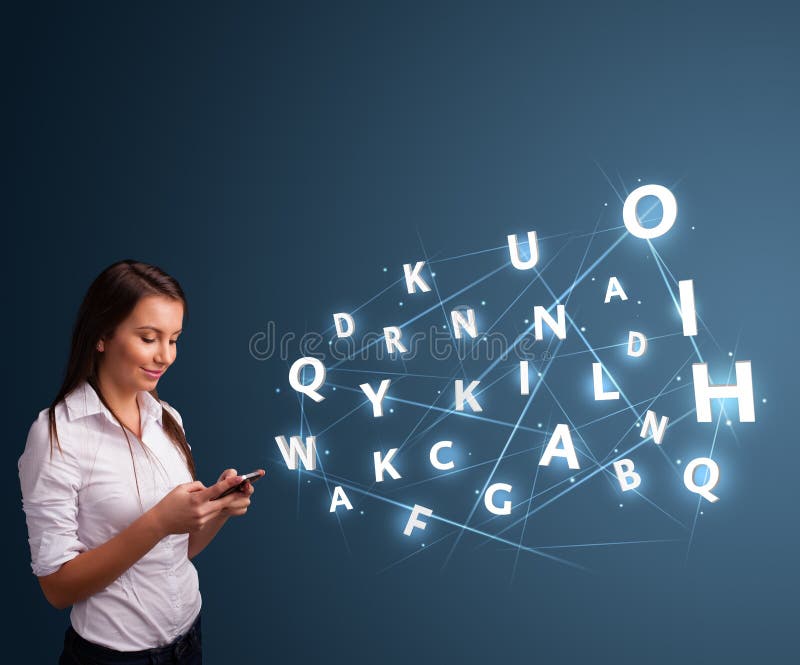 Young Woman Typing on Smartphone with High Tech 3d Letters Comming Out ...