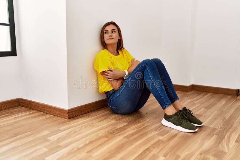 Young Woman Unhappy Sitting on Floor at Empty Room Stock Image - Image ...