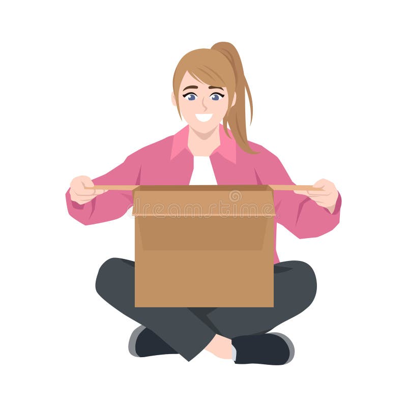 Young Woman Unpacks the Received Package Stock Illustration ...