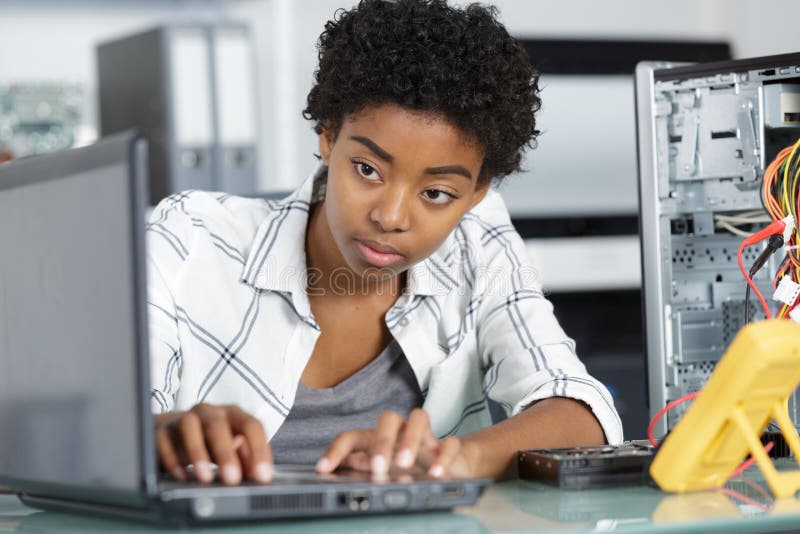 Young Woman Uses Pc Laptop in Service Center Stock Photo - Image of ...