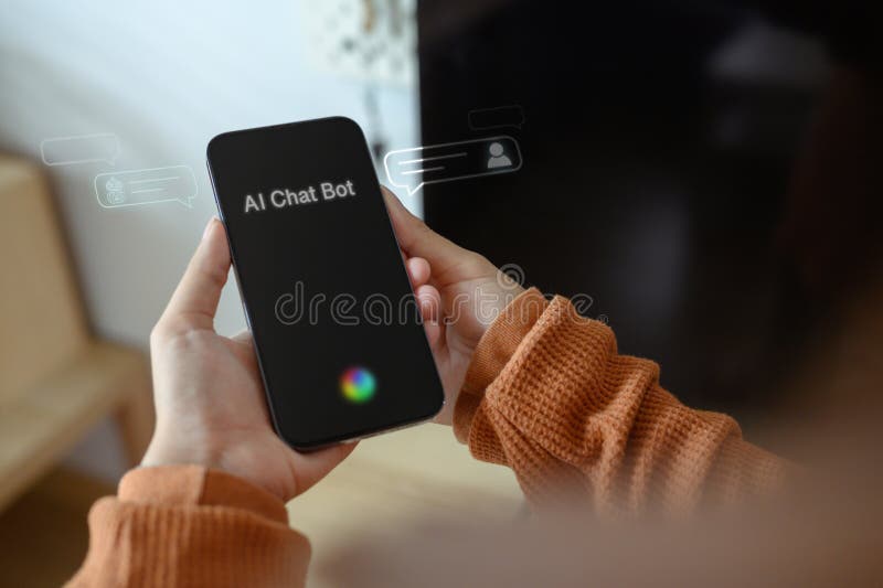 Young Woman Using AI Chat Bot in Mobile Application and Giving Voice ...