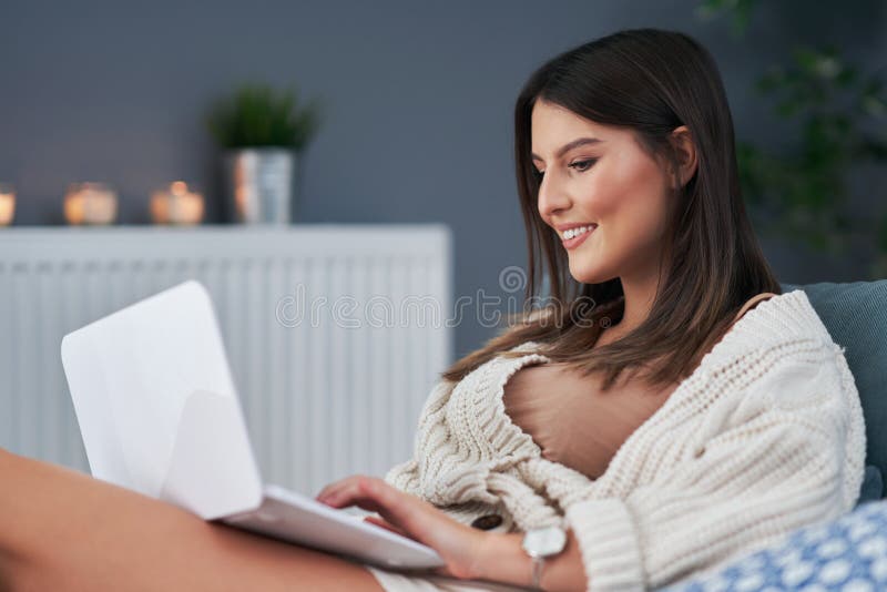 Young Woman Using Computer at Home Stock Image - Image of beautiful ...