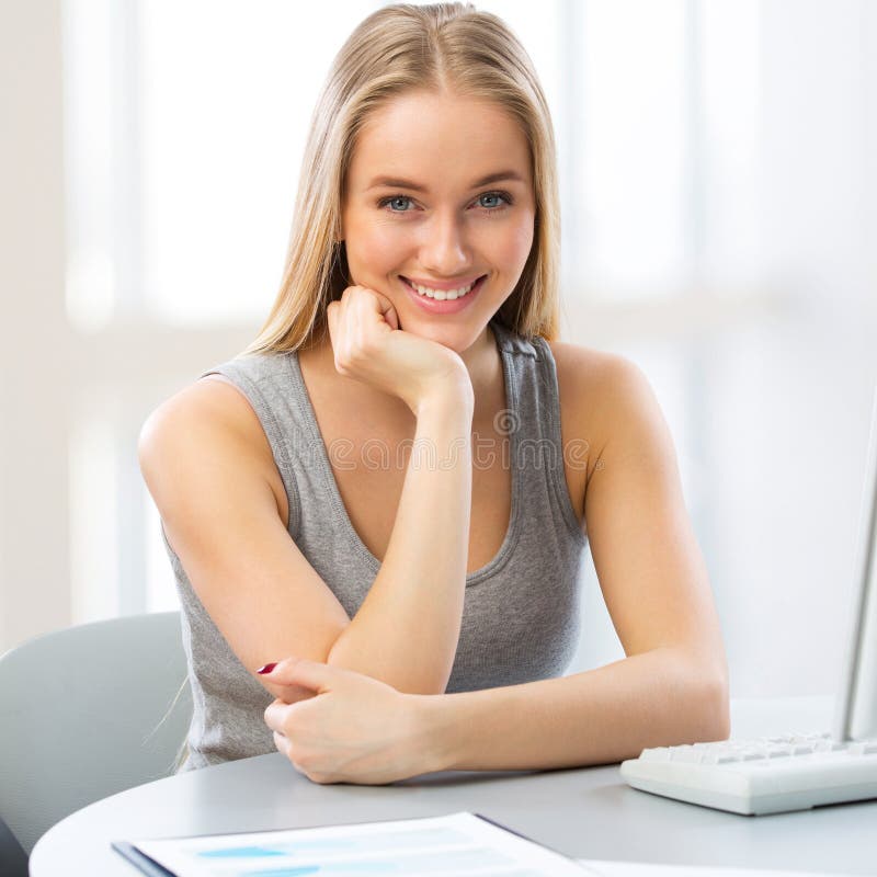Young Woman Using Computer at Home Stock Photo - Image of cheerful ...