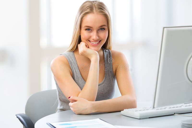 Young Woman Using Computer at Home Stock Image - Image of lounge ...
