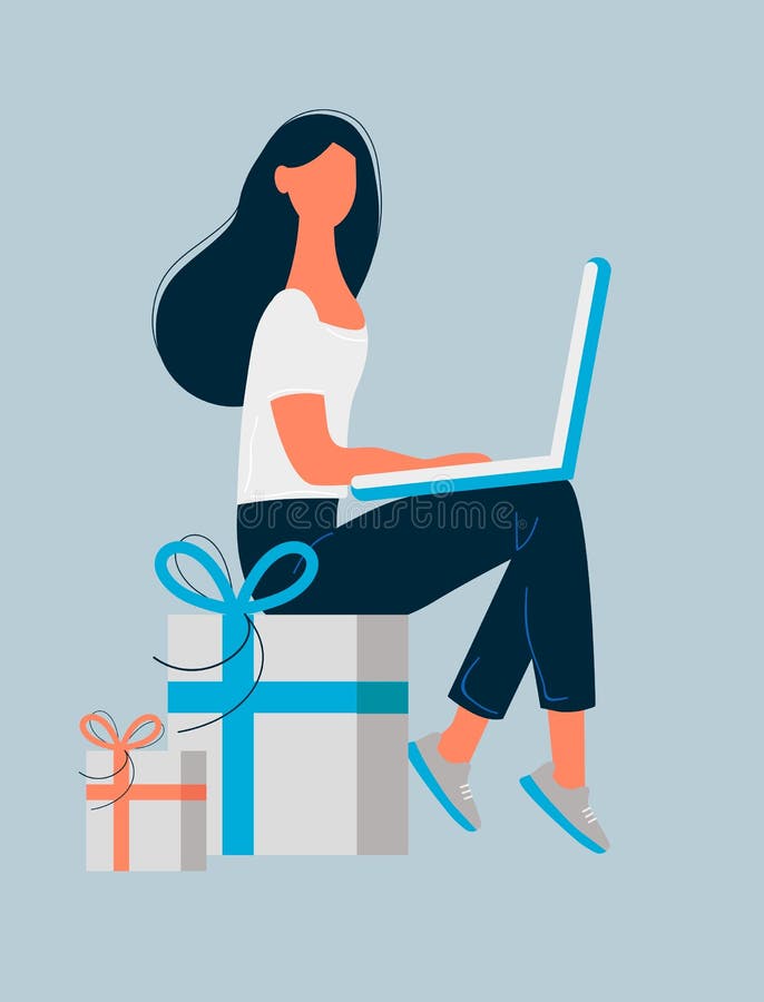 Young Woman Using Computer Sitting on Gift Box. Editable Flat Vector ...