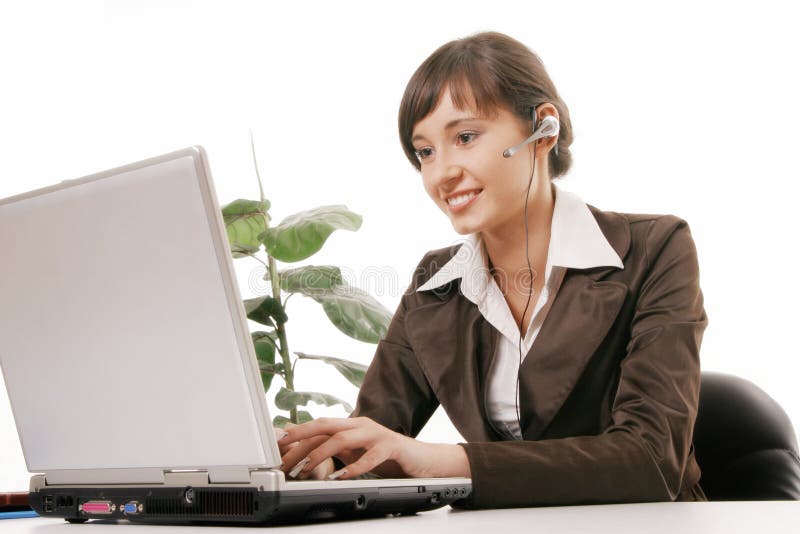 Young woman using computer stock image. Image of headphone - 76708261