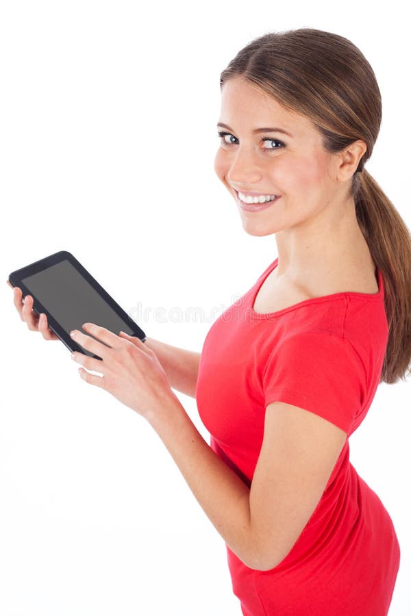 Young Woman Using Electronic Tablet Stock Image - Image of cute ...