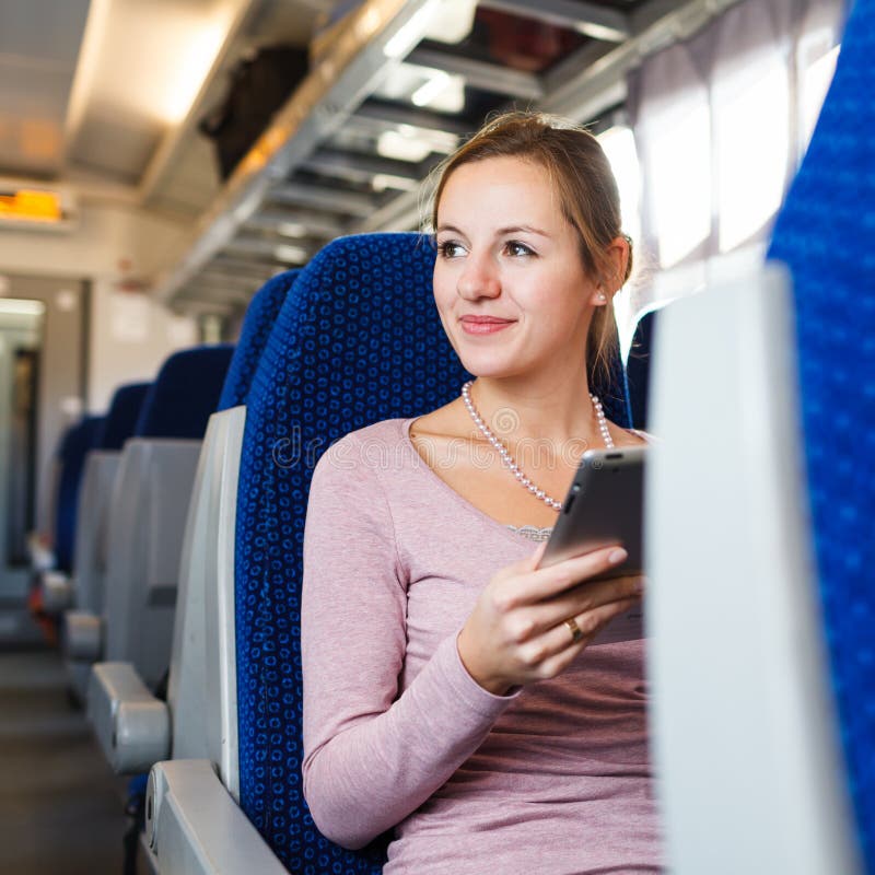 Young Woman Traveling by Train Stock Photo - Image of sitting, movement ...