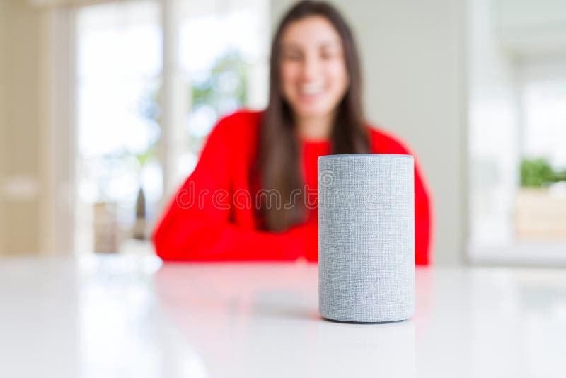 Young Woman Using Home Intelligent Device, Interactive Voice Assistant ...