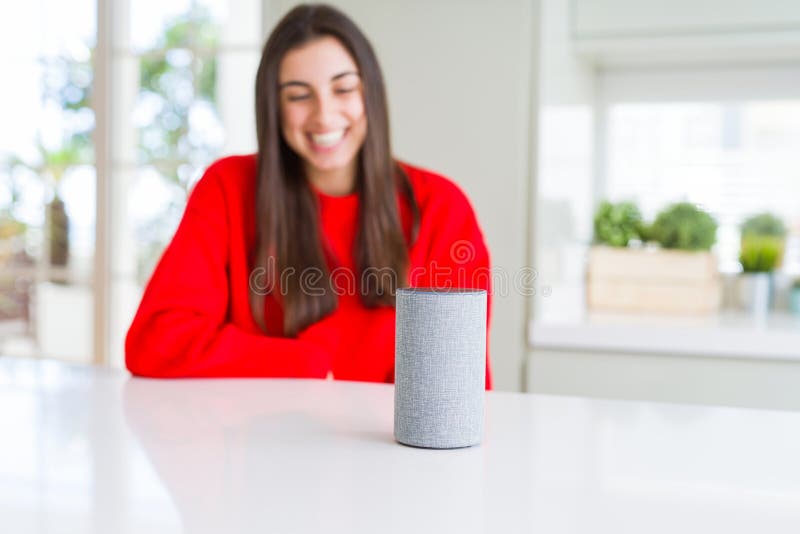 Young Woman Using Home Intelligent Device, Interactive Voice Assistant ...