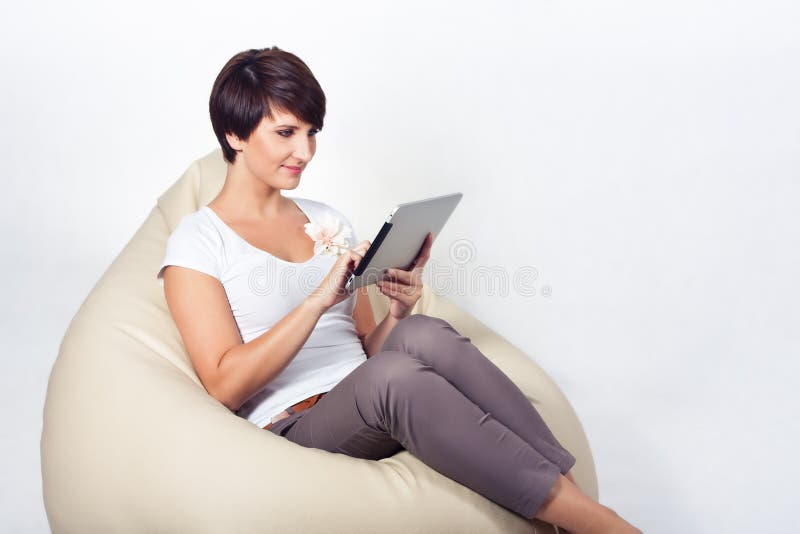 Young woman using iPad stock image. Image of device, businesswoman ...