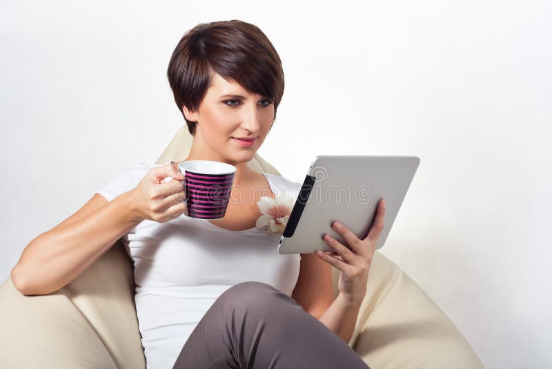 Young woman using iPad stock image. Image of device, businesswoman ...