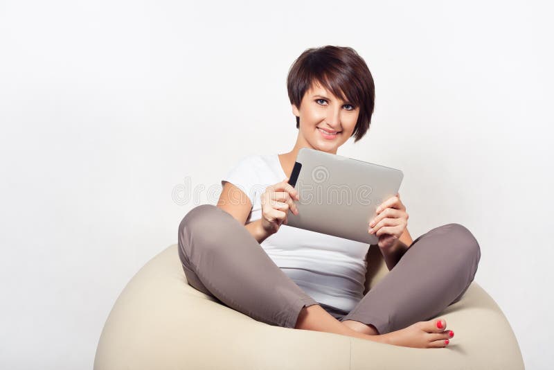 Young woman using iPad stock image. Image of device, businesswoman ...