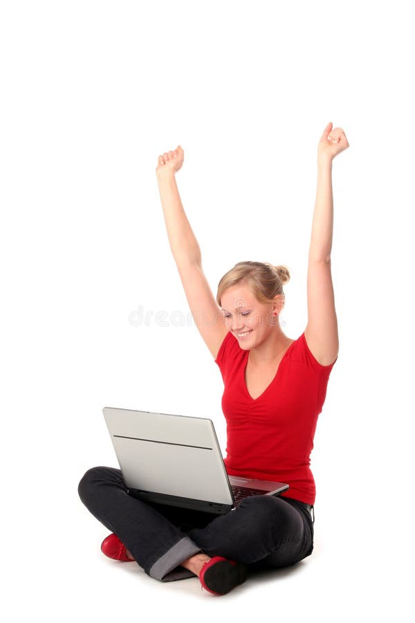 Young woman using laptop stock photo. Image of floor, phone - 1379628