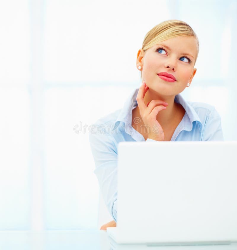 Young Woman Using Laptop with Her Hand on Neck Stock Photo - Image of ...