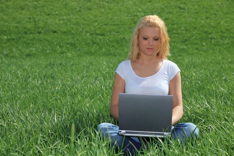Young Woman Using Laptop Outside Stock Image - Image of student, laptop ...