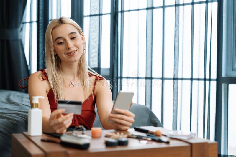 Young Woman Using Online Payment App Via Smartphone. Blithe Stock Image ...