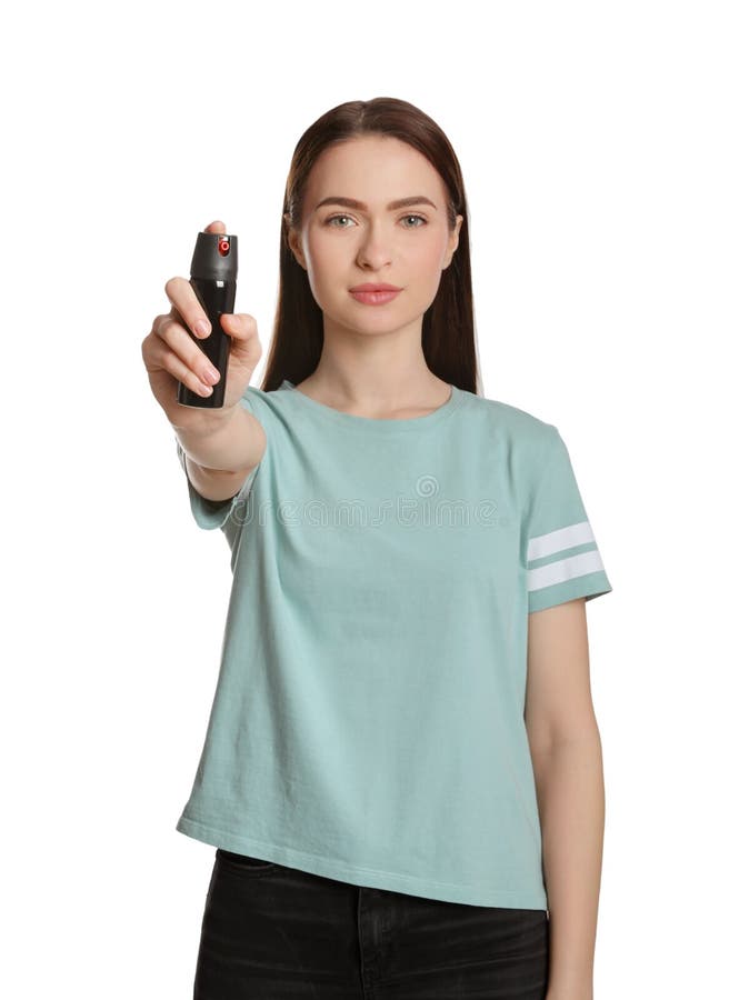 Young Woman Using Pepper Spray On White Background Stock Image Image